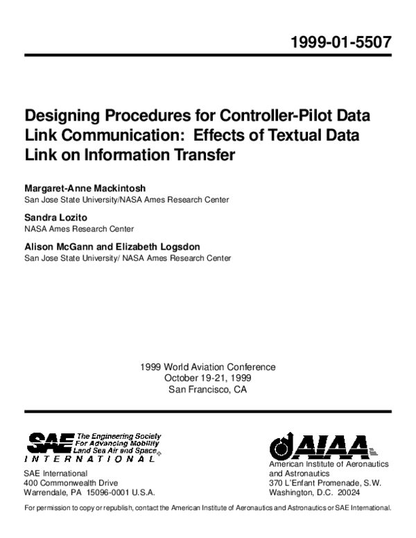 (PDF) Designing Procedures for Controller-Pilot Data Link Communication: Effects of Textual Data ...
