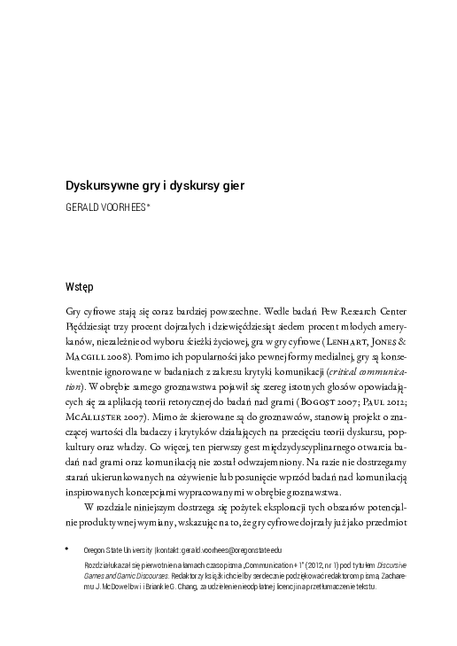 (PDF) Gerald Voorhees, Dyskursywne gry i dyskursy gier (przekł. Michał ...