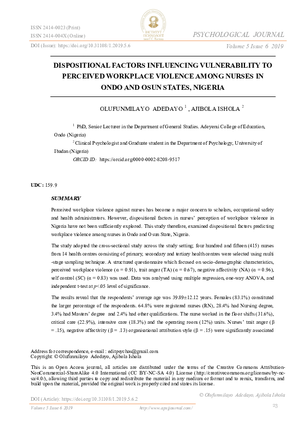 (PDF) DISPOSITIONAL FACTORS INFLUENCING VULNERABILITY TO PERCEIVED ...