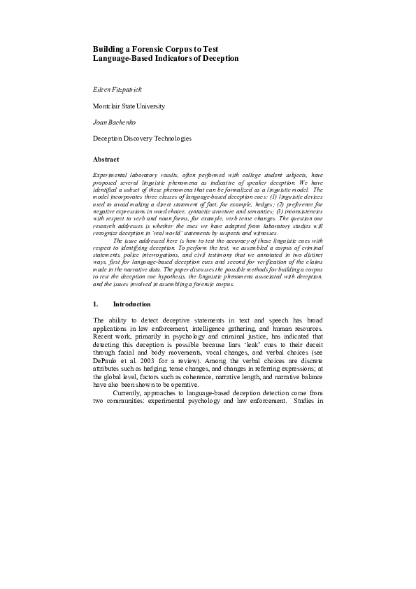 Pdf Building A Forensic Corpus To Test Language Based Indicators Of Deception