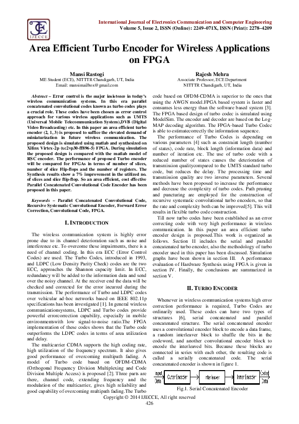 Pdf Area Efficient Turbo Encoder For Wireless Applications On Fpga