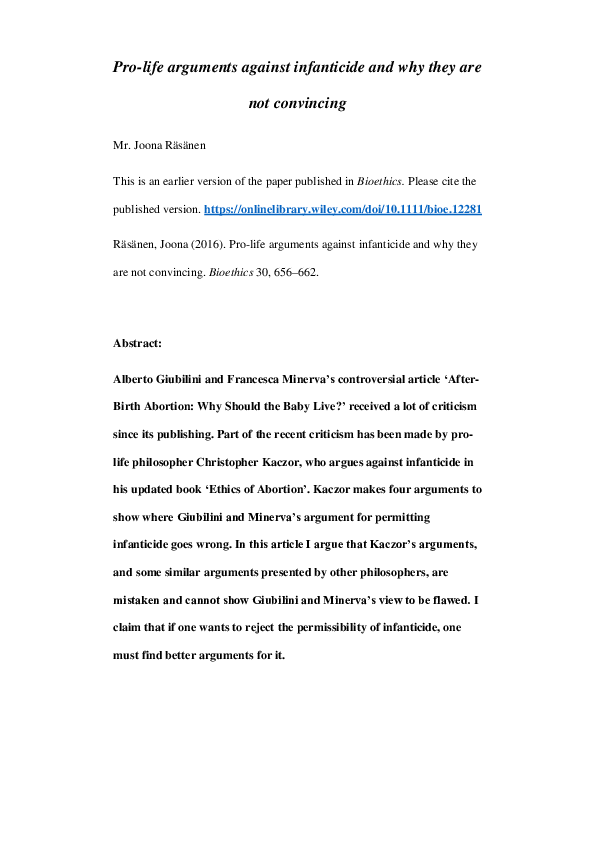 (PDF) Pro-life arguments against infanticide and why they are not ...