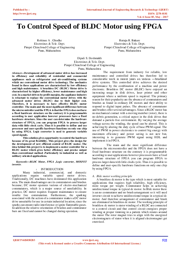 Pdf Ijert To Control Speed Of Bldc Motor Using Fpga Ijert Journal