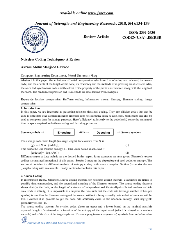 (PDF) Noiseless Coding Techniques- A Review