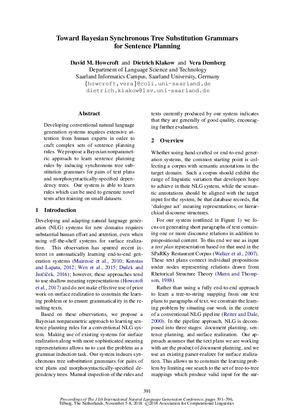 (PDF) Toward Bayesian Synchronous Tree Substitution Grammars for Sentence Planning