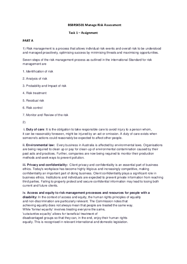 (DOC) BSBRSK501 Manage Risk Assessment sai