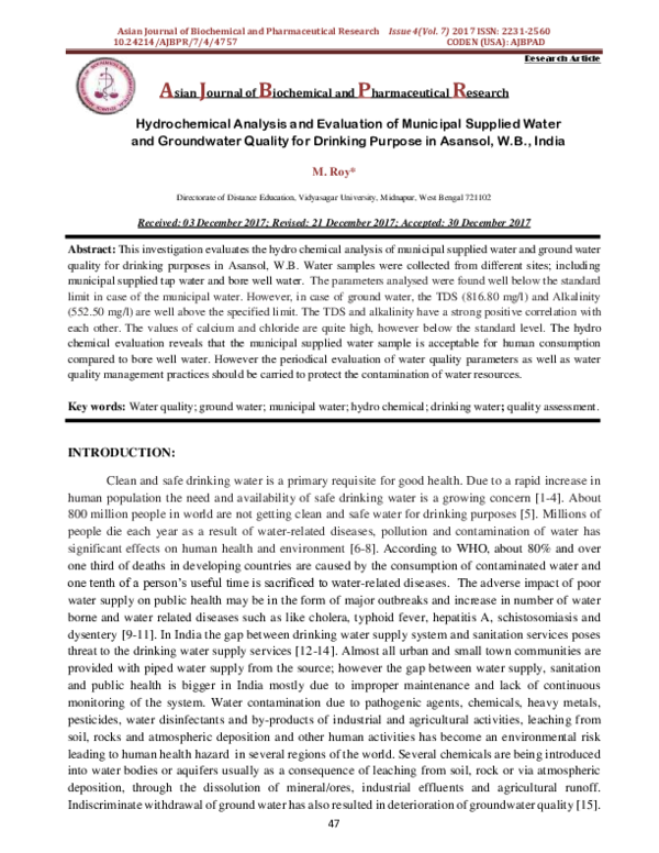 Pdf Hydrochemical Analysis And Evaluation Of Municipal Supplied Water And Groundwater Quality