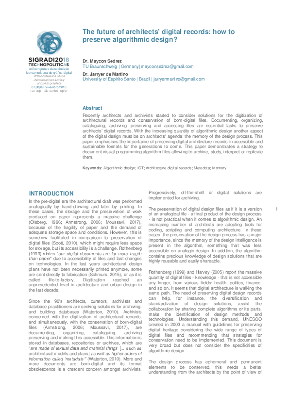 (PDF) The future of architects' digital records: how to preserve algorithmic design