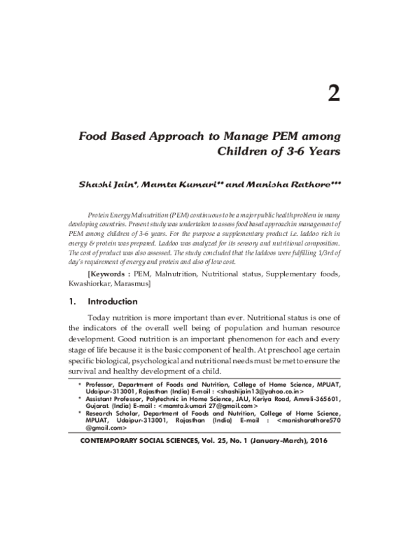 (PDF) Food Based Approach to Manage PEM among Children of 3-6 Years