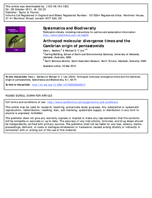 (PDF) Sanders, K.L., Lee, M.S.Y. 2010. Arthropod molecular divergence ...