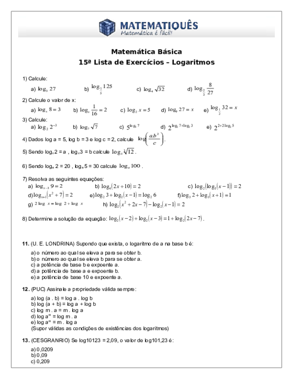 (DOC) Matemática Básica 15ª Lista de Exercícios -Logaritmos