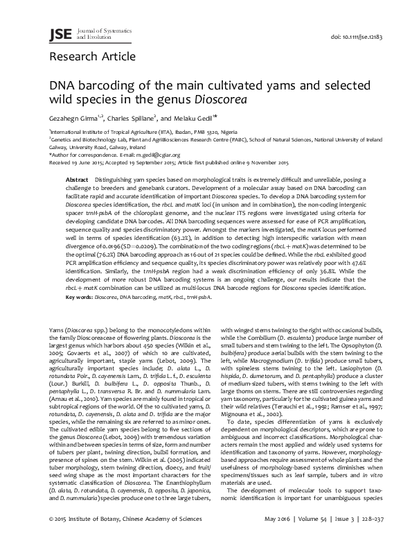 (PDF) DNA barcoding of the main cultivated yams and selected wild species in the genus Dioscorea