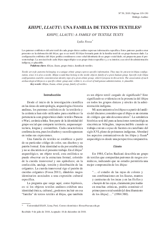 (PDF) KHIPU, LLAUTU: UNA FAMILIA DE TEXTOS TEXTILES 1 KHIPU, LLAUTU: A ...