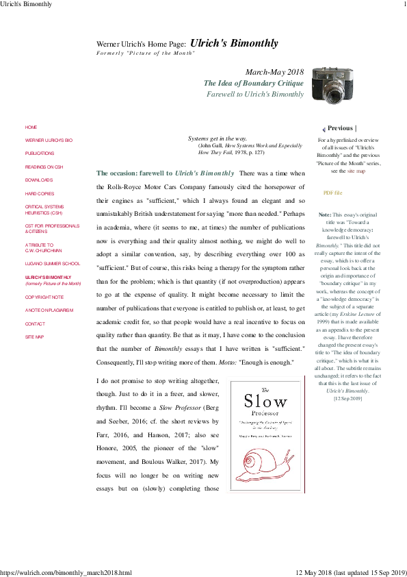(PDF) Ulrich, W. (2018). The idea of boundary critique