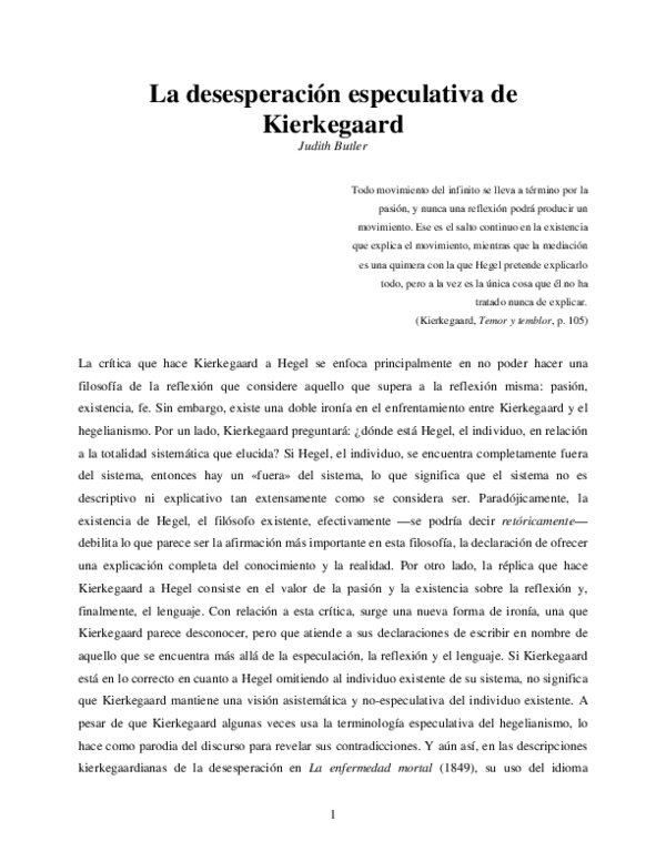 (DOC) Kierkegaard's speculative despair by Judith Butler. Translation ...
