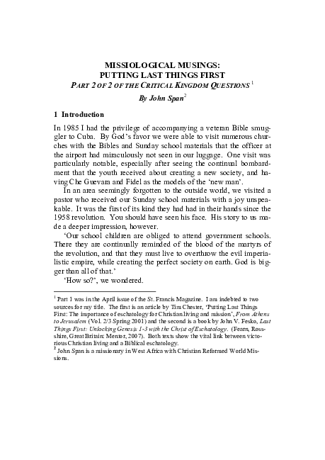 (PDF) MISSIOLOGICAL MUSINGS: PUTTING LAST THINGS FIRST PART 2 OF 2 OF ...