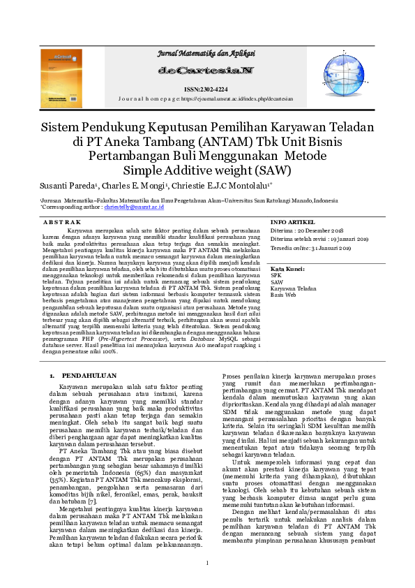 (PDF) Sistem Pendukung Keputusan Pemilihan Karyawan Teladan di PT Aneka Tambang (ANTAM) Tbk Unit ...
