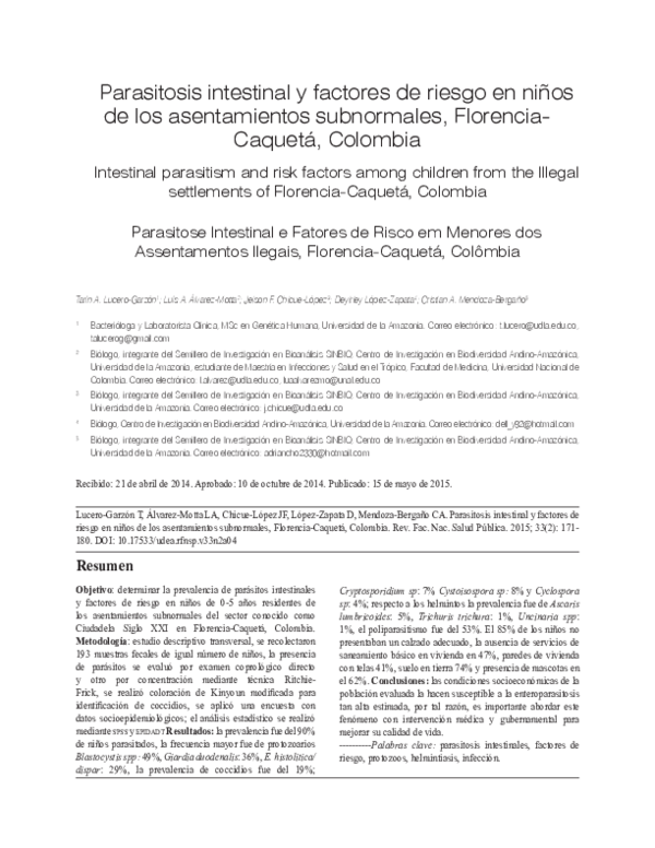 (PDF) Parasitosis intestinal y factores de riesgo en niños de los ...