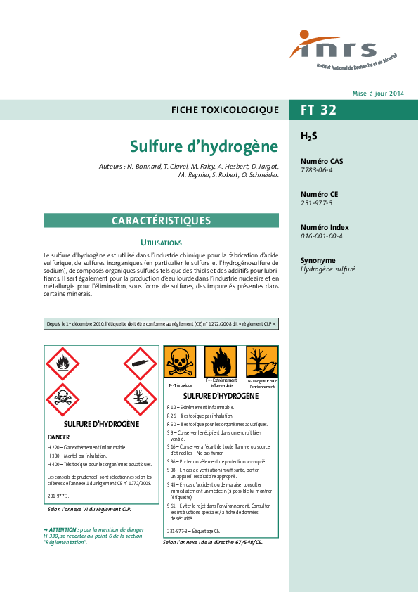 (PDF) H 2 S Numéro CAS Numéro CE Numéro Index Sulfure d'hydrogène ...