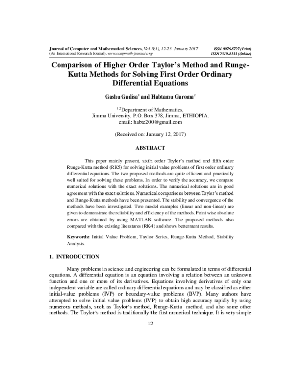 Pdf Comparison Of Higher Order Taylors Method And Runge Kutta Methods For Solving First