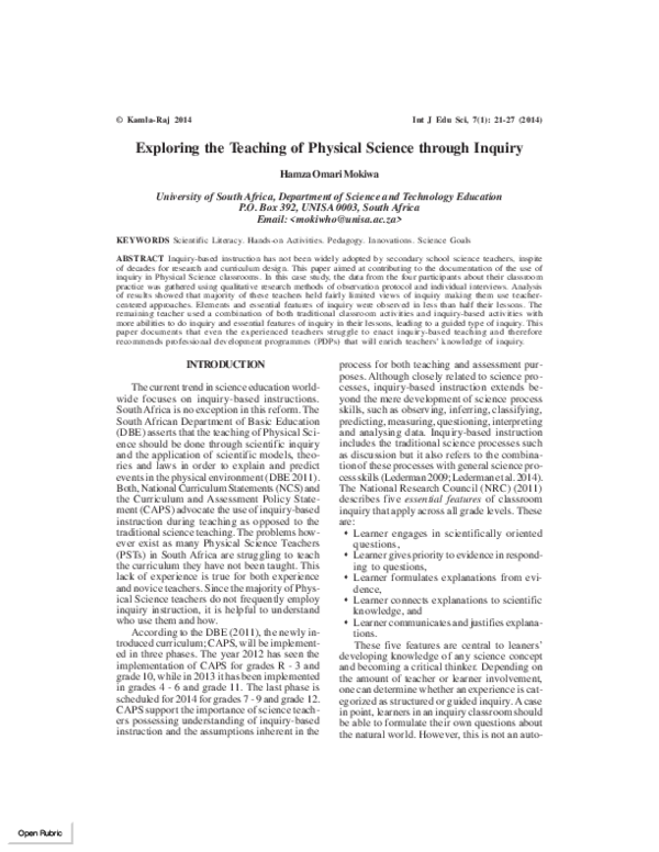 (PDF) Exploring the Teaching of Physical Science through Inquiry (PDF) Exploring the Teaching of Physical Science through Inquiry