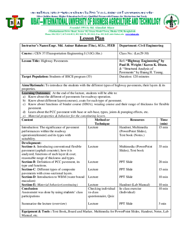(PDF) Lesson Plan CEN 371 (2Pavement)