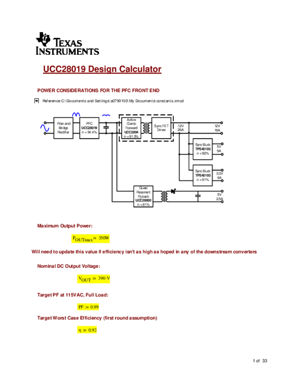 (PDF) UCC28019 Design Calculator POWER CONSIDERATIONS FOR THE PFC FRONT END