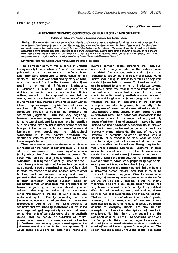 (PDF) Alexander Gerard`s Correction of Hume`s Standard of Taste