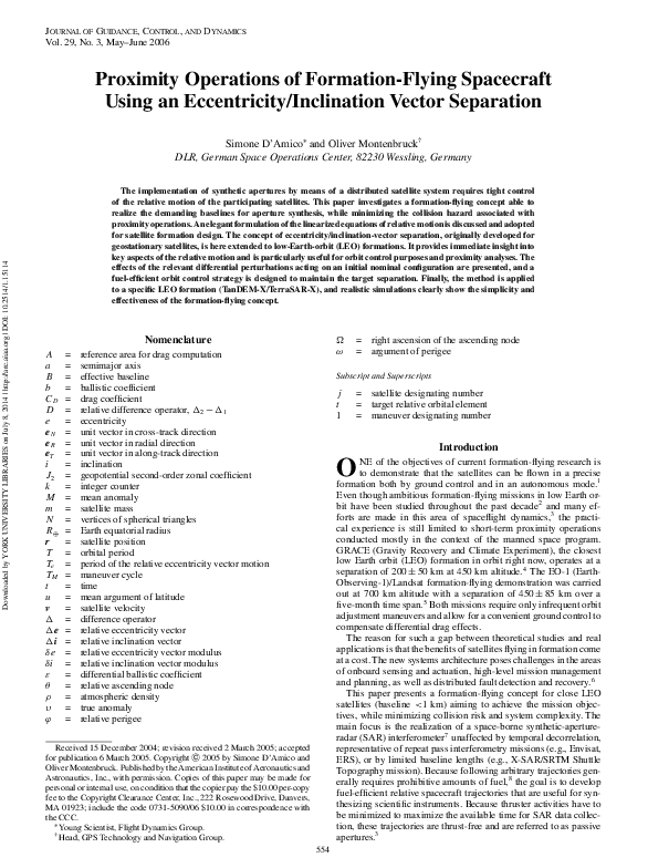 Pdf Proximity Operations Of Formation Flying Spacecraft Using An Eccentricity Inclination