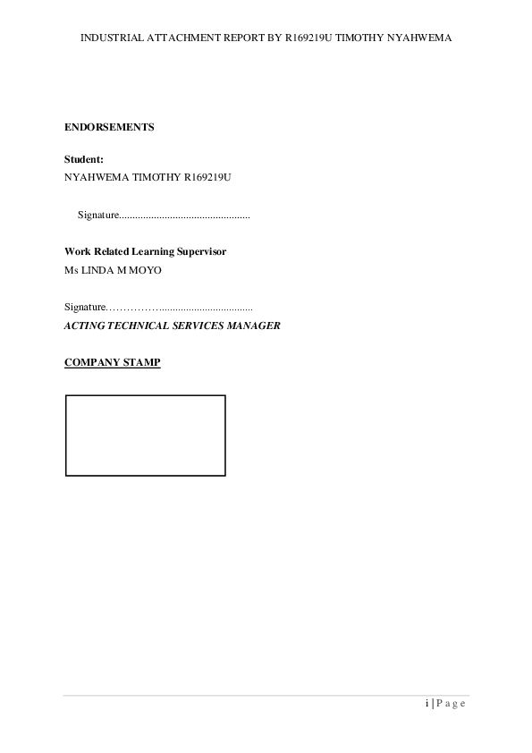 (PDF) INDUSTRIAL ATTACHMENT REPORT BY R169219U TIMOTHY NYAHWEMA