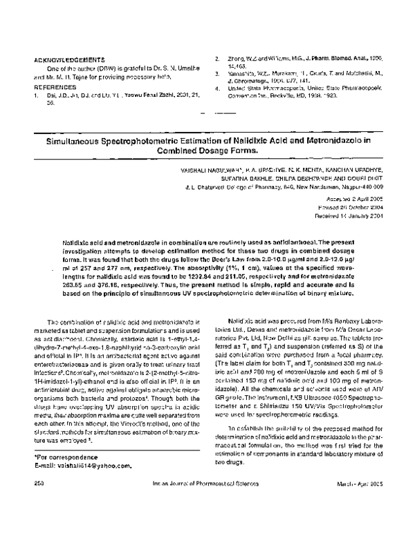 Pdf Simultaneous Spectrophotometric Estimation Of Paracetamol And