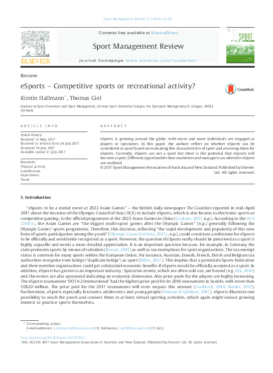 (PDF) eSports -Competitive sports or recreational activity