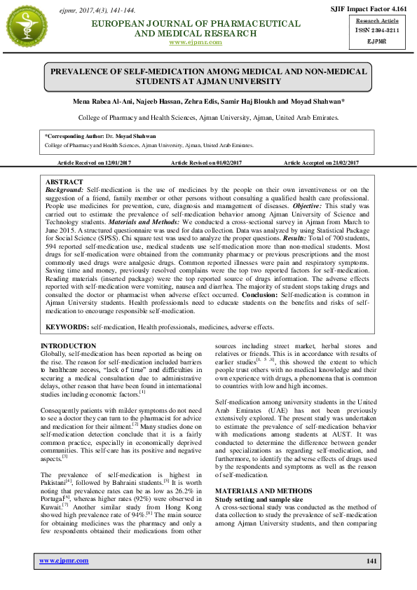 (PDF) PREVALENCE OF SELF-MEDICATION AMONG MEDICAL AND NON-MEDICAL ...