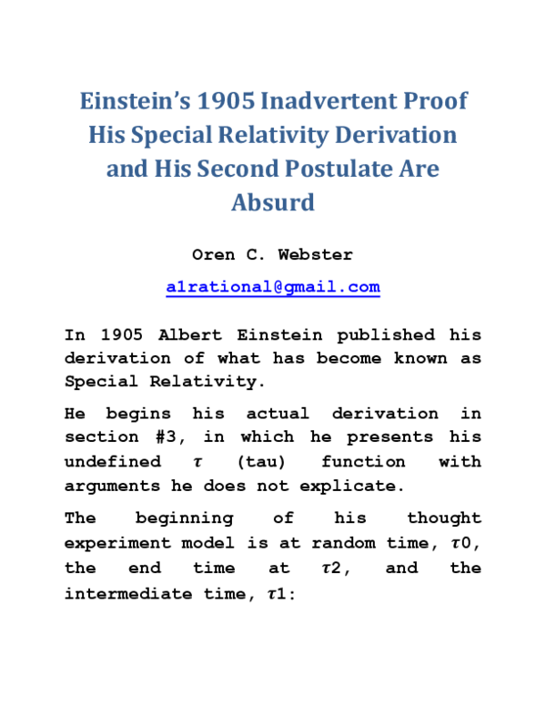 (PDF) Einstein's 1905 Inadvertent Proof His Special Relativity Derivation and His Second ...