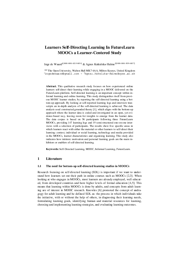 (PDF) Learners Self-Directing Learning In FutureLearn MOOCs a Learner-Centered Study