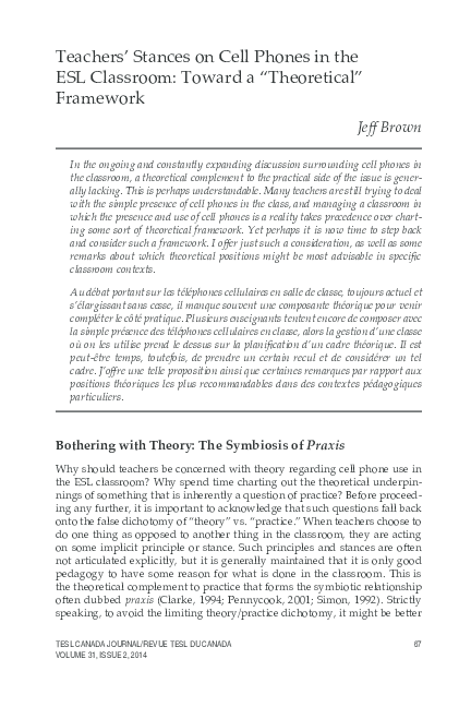 (PDF) Teachers' Stances on Cell Phones in the ESL Classroom