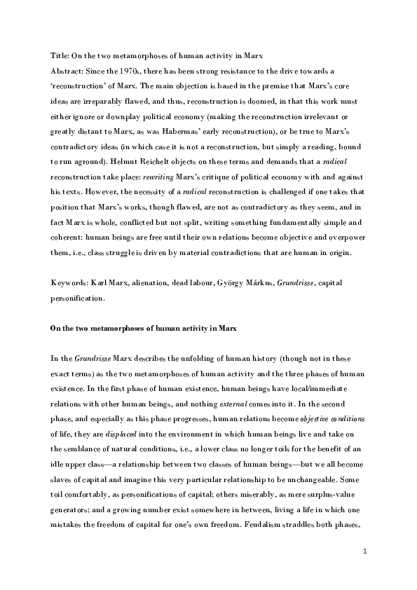 (PDF) On the two metamorphoses of human activity in Marx