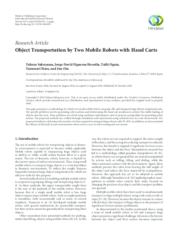 Pdf Object Transportation By Two Mobile Robots With Hand Carts