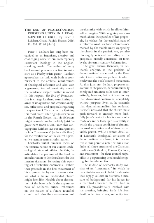 (PDF) Review of The End of Protestantism: Pursuing Unity in a ...