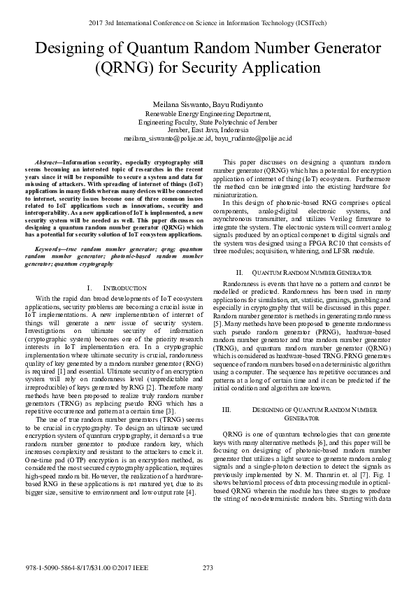 (PDF) Designing of Quantum Random Number Generator (QRNG) for Security ...