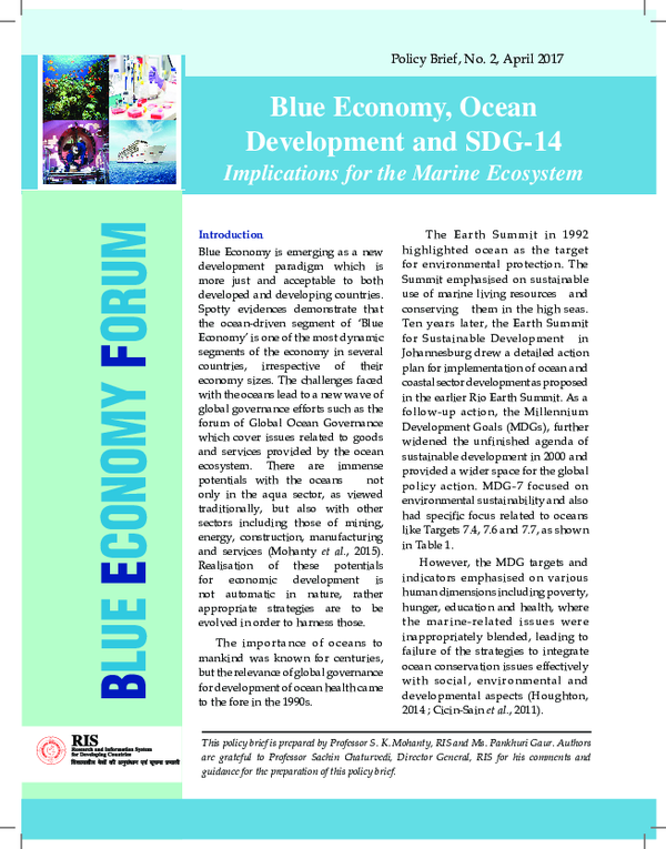 (PDF) Blue Economy, Ocean Development and SDG-14 Implications for the ...
