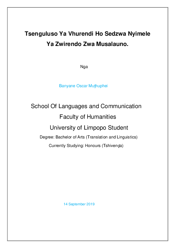 (PDF) Tsenguluso Ya Vhurendi Ho Sedzwa Nyimele Ya Zwirendo Zwa Musalauno