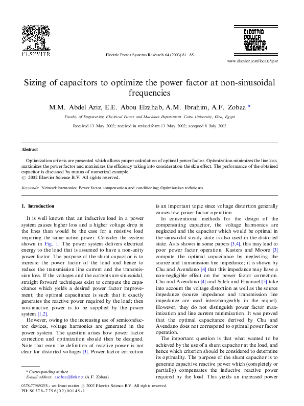 (PDF) Sizing of capacitors to optimize the power factor at non ...