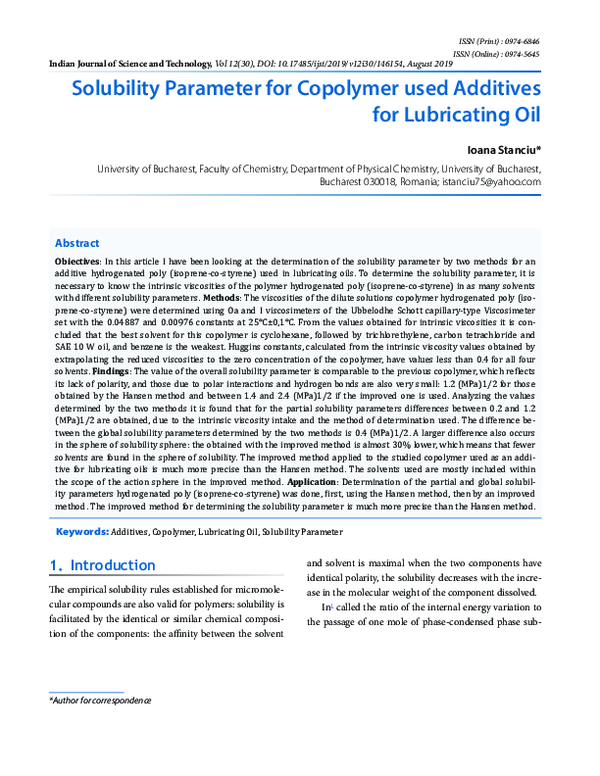 (PDF) Solubility Parameter for Copolymer used Additives for Lubricating Oil