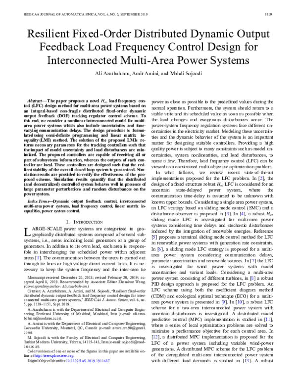 Pdf Resilient Fixed Order Distributed Dynamic Output Feedback Load Frequency Control Design 9089