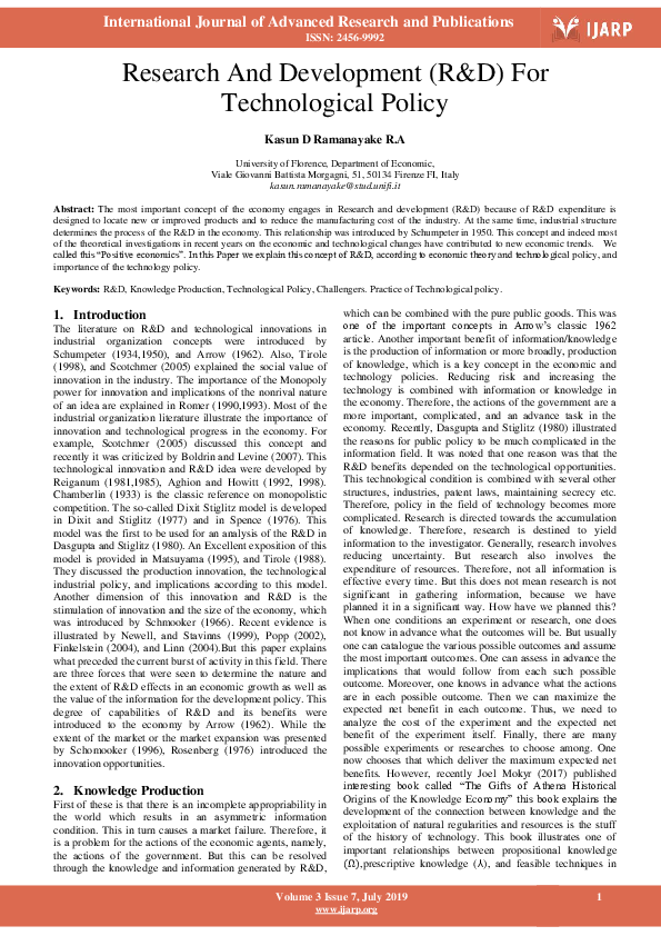 (PDF) Research And Development (R&D) For Technological Policy