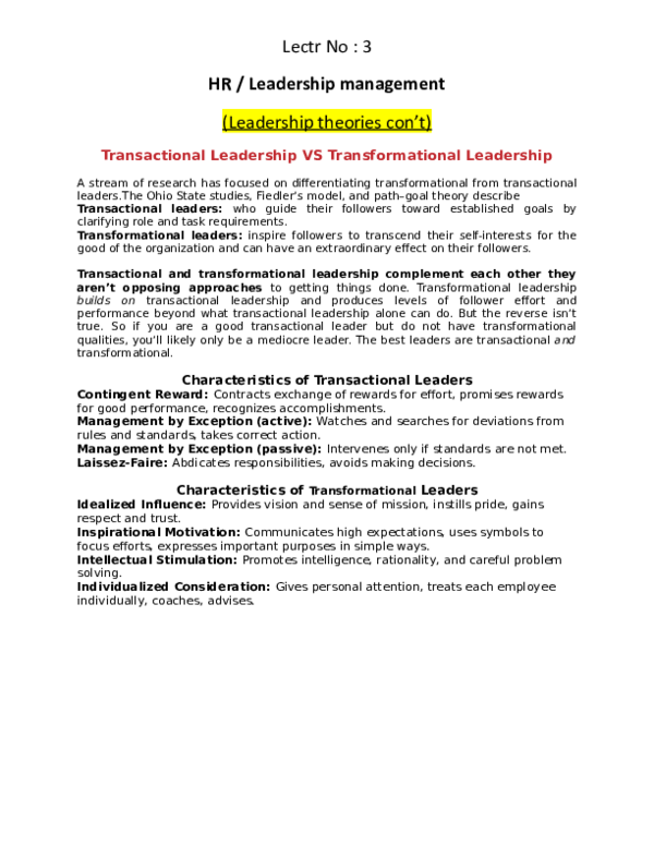 DOC Lectr No 3 HR Leadership Management Leadership Theories Con t Transactional doc-lectr-no-3-hr-leadership-management-leadership-theories-con-t-transactional