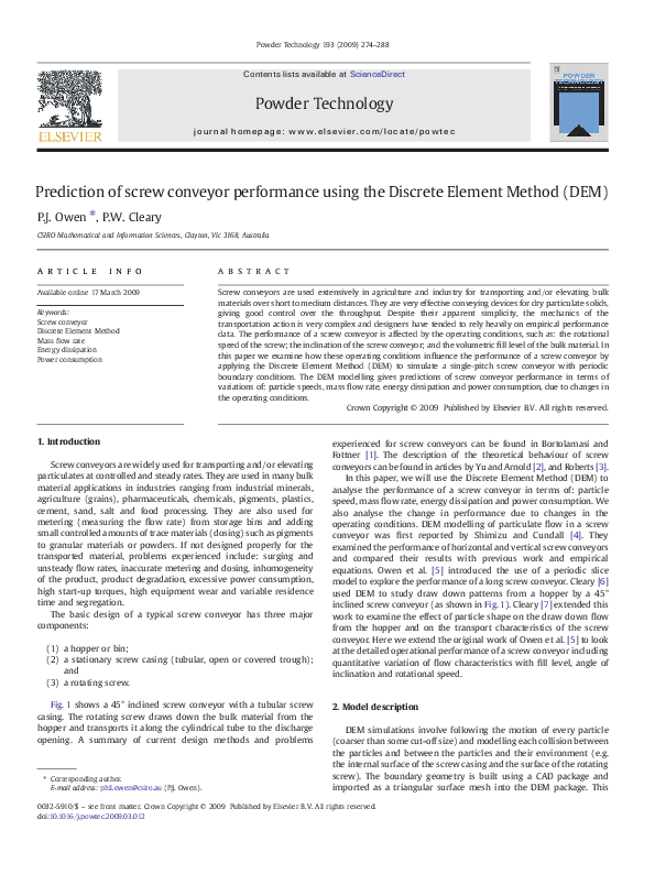 (PDF) Prediction of screw conveyor performance using the Discrete Element Method (DEM
