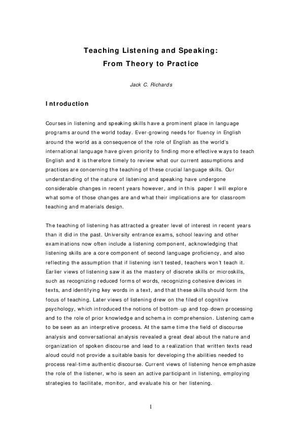 (PDF) Teaching Listening and Speaking: From Theory to Practice