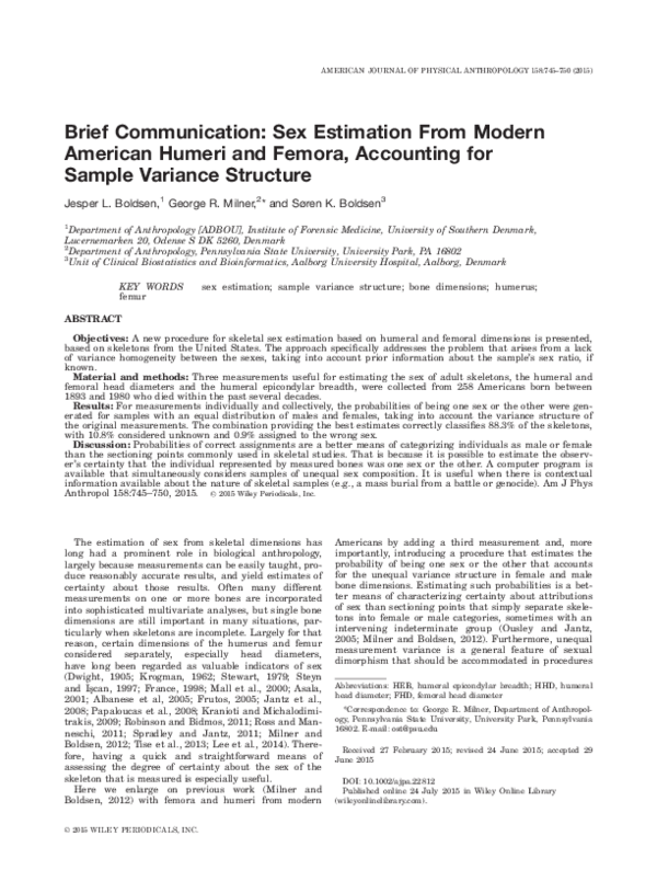 Pdf Brief Communication Sex Estimation From Modern American Humeri And Femora Accounting For